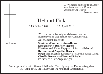 Traueranzeigen von Helmut Fink | trauer.merkur.de