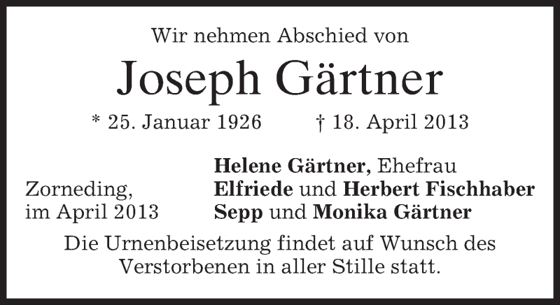 Traueranzeigen von Joseph Gärtner | trauer.merkur.de