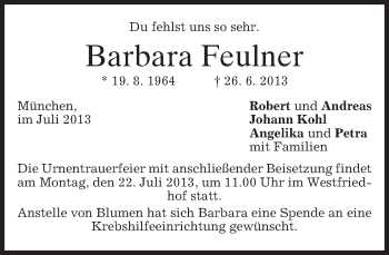 Traueranzeigen von Barbara Feulner | trauer.merkur.de