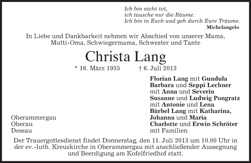 Traueranzeigen von Christa Lang | trauer.merkur.de