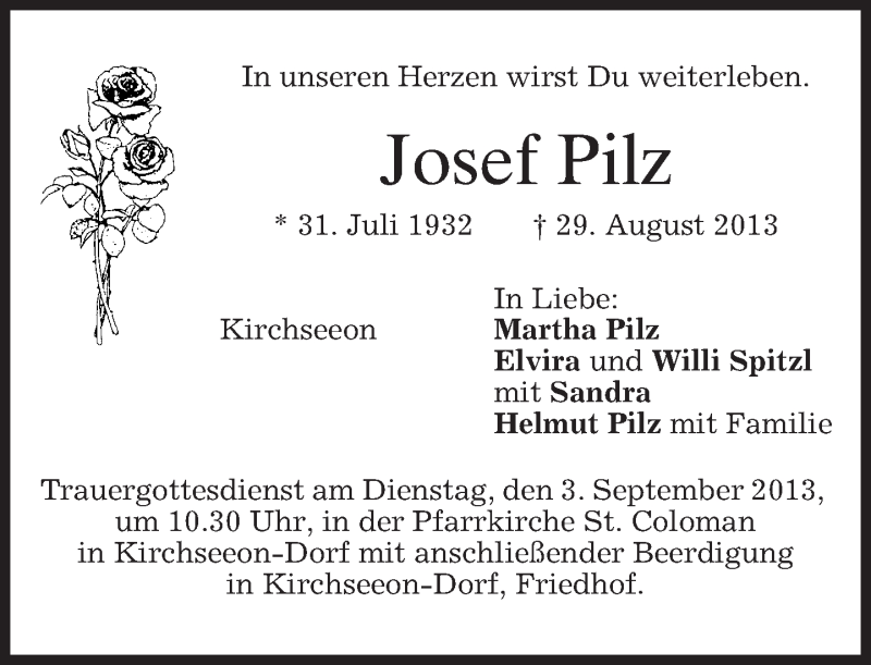 Traueranzeigen von Josef Pilz | trauer.merkur.de