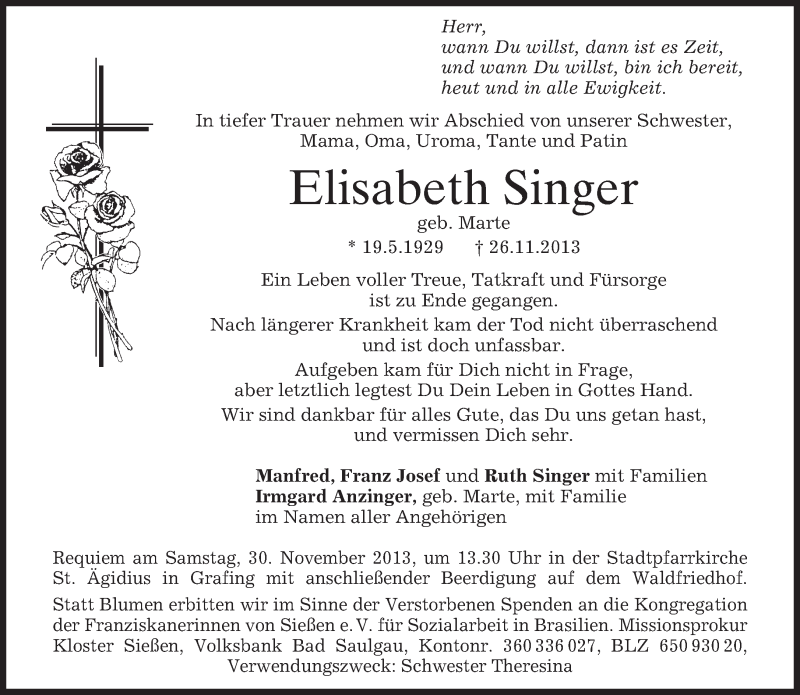 Traueranzeigen von Elisabeth Singer | trauer.merkur.de