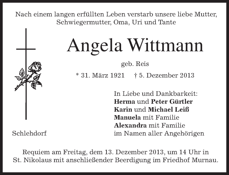 Traueranzeigen von Angela Wittmann | trauer.merkur.de