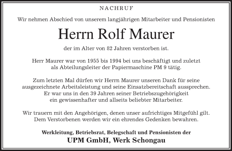 Traueranzeigen von Rolf Maurer | trauer.merkur.de