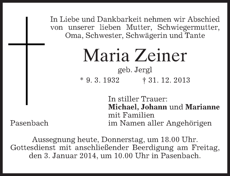 Traueranzeigen von Maria Zeiner | trauer.merkur.de