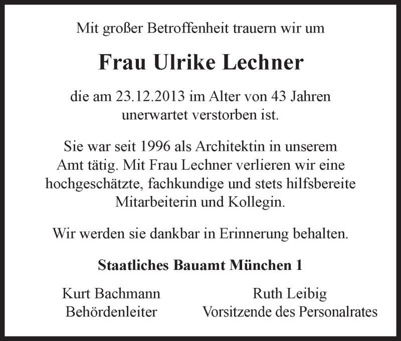 Traueranzeigen von Ulrike Lechner | trauer.merkur.de