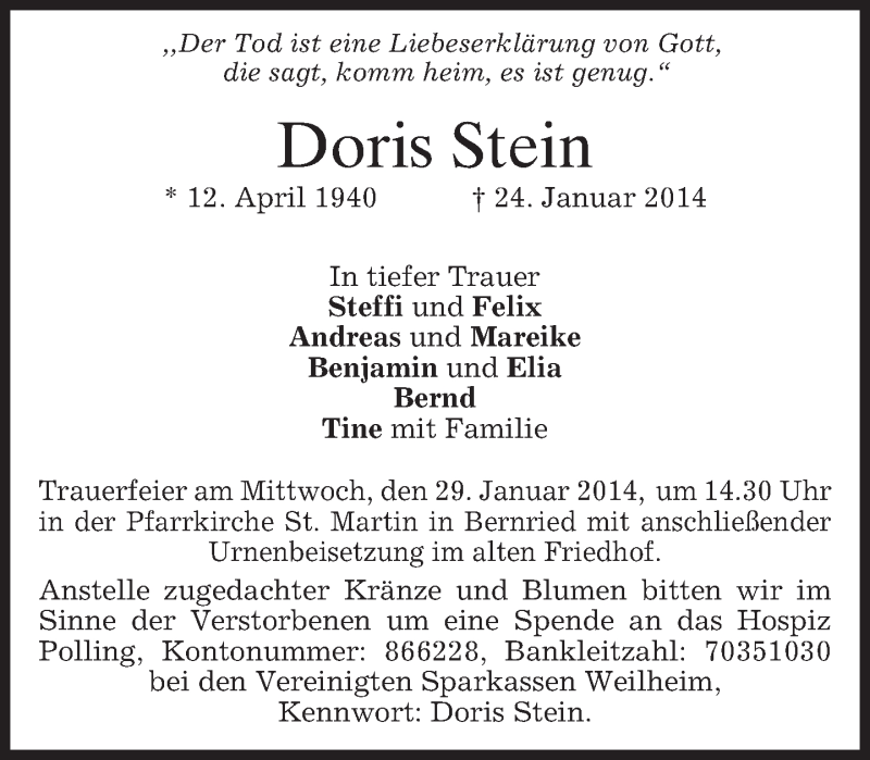 Traueranzeigen von Doris Stein | trauer.merkur.de