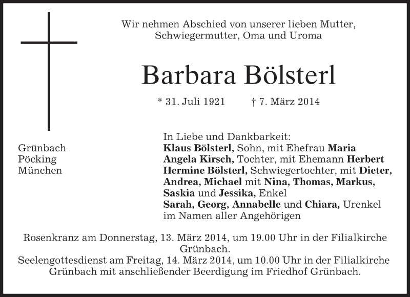 Traueranzeigen von Barbara Bölsterl | trauer.merkur.de