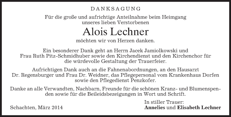 Traueranzeigen von Alois Lechner | trauer.merkur.de