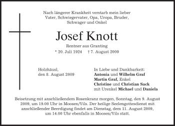 Traueranzeigen von Josef Knott | trauer.merkur.de