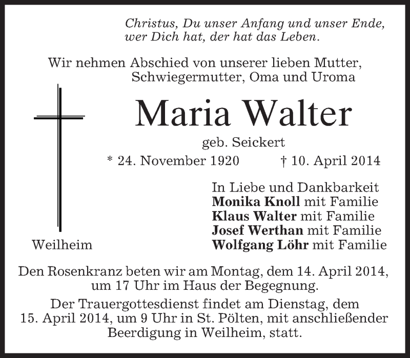 Traueranzeigen von Maria Walter | trauer.merkur.de