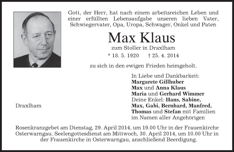 Traueranzeigen von Max Klaus | trauer.merkur.de