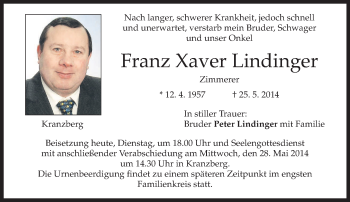 Traueranzeigen von Franz Xaver Lindinger | trauer.merkur.de
