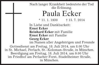 Traueranzeigen von Paula Ecker | trauer.merkur.de