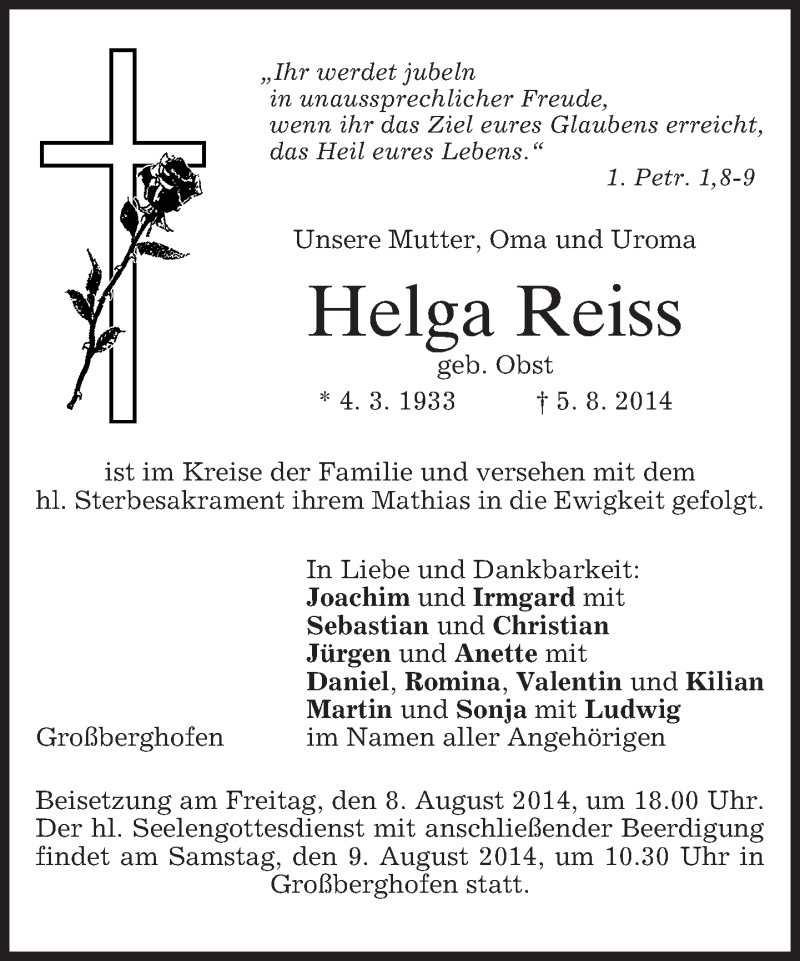 Traueranzeigen von Helga Reiss | trauer.merkur.de