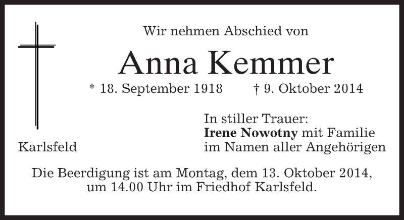 Traueranzeigen von Anna Kemmer | trauer.merkur.de