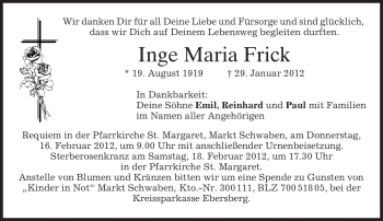 Traueranzeigen von Inge Maria Frick | trauer.merkur.de