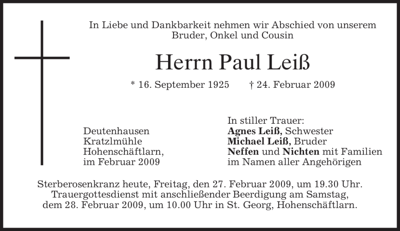Traueranzeigen von Paul Leiß | trauer.merkur.de