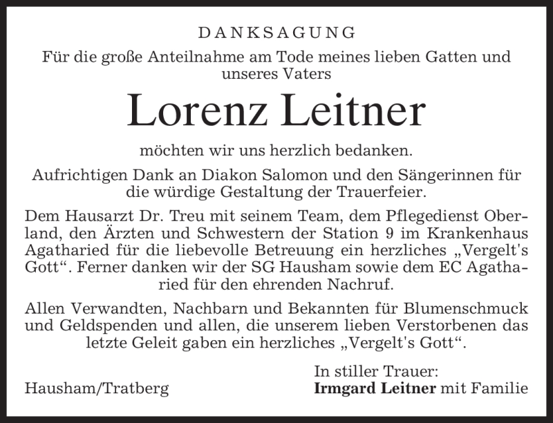 Traueranzeigen von Lorenz Leitner | trauer.merkur.de