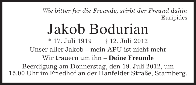 Traueranzeigen von Jakob Bodurian | trauer.merkur.de