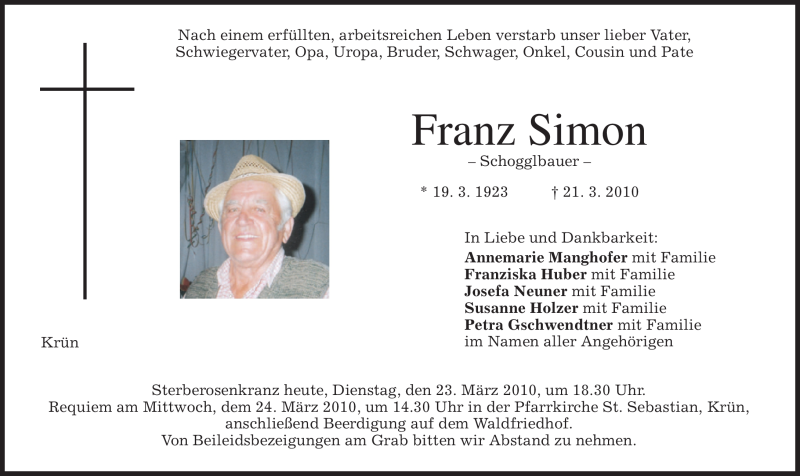 Traueranzeigen von Franz Simon | trauer.merkur.de