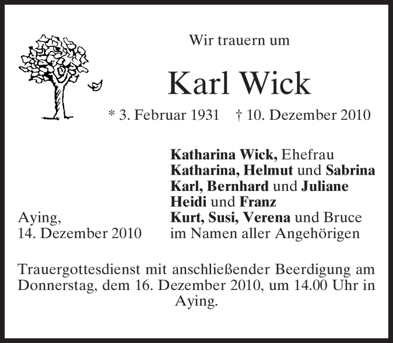 Traueranzeigen von Karl Wick | trauer.merkur.de