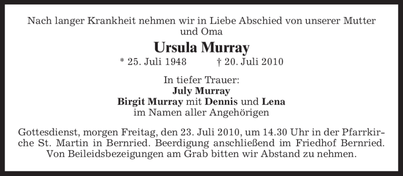 Traueranzeigen von Ursula Murray | trauer.merkur.de