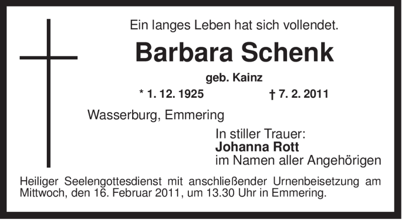 Traueranzeigen von Barbara Schenk | trauer.merkur.de