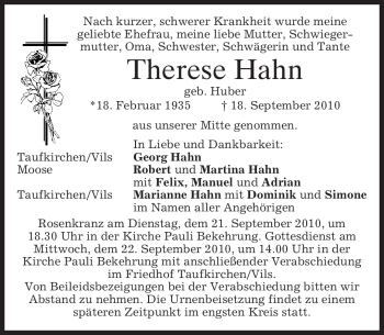 Traueranzeigen von Therese Hahn | trauer.merkur.de