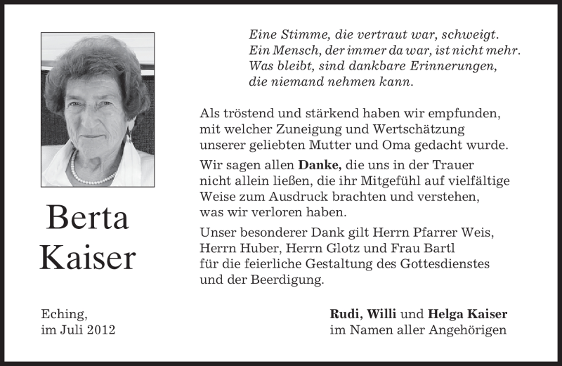 Traueranzeigen von Berta Kaiser | trauer.merkur.de