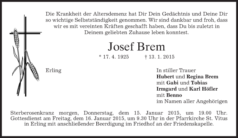 Traueranzeigen von Josef Brem | trauer.merkur.de