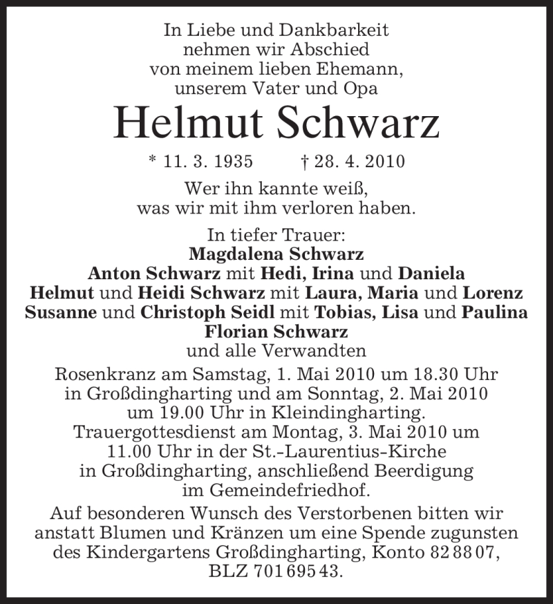 Traueranzeigen von Helmut Schwarz | trauer.merkur.de