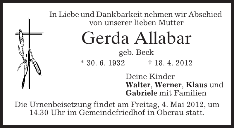 Traueranzeigen von Gerda Allabar | trauer.merkur.de