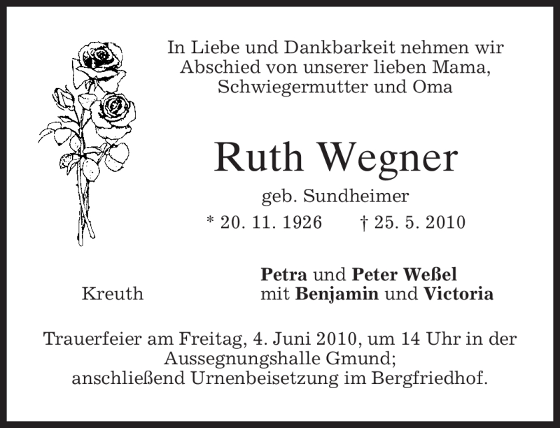 Traueranzeigen von Ruth Wegner | trauer.merkur.de