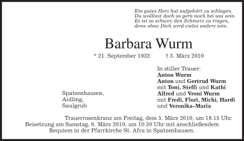 Traueranzeigen von Barbara Wurm | trauer.merkur.de