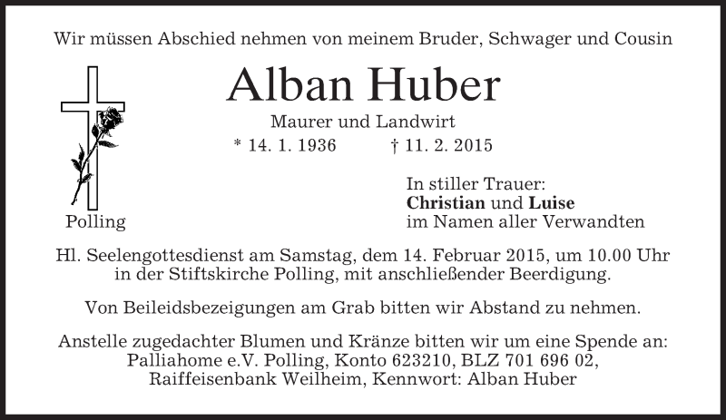 Traueranzeigen von Alban Huber | trauer.merkur.de