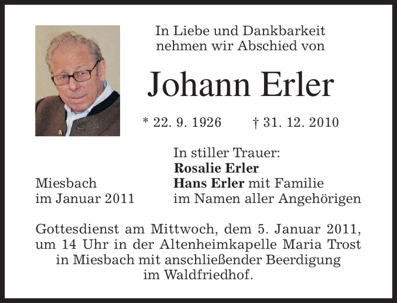 Traueranzeigen von Johann Erler | trauer.merkur.de