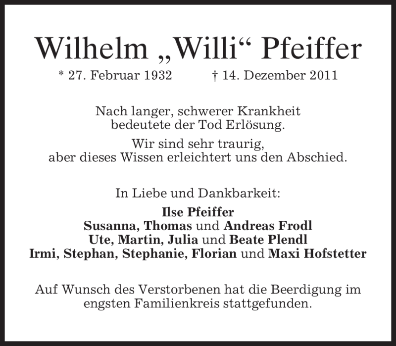 Traueranzeigen von Wilhelm Pfeiffer | trauer.merkur.de