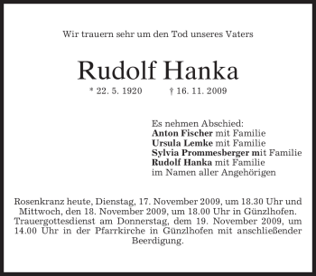 Traueranzeigen von Rudolf Hanka | trauer.merkur.de