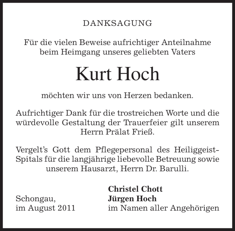Traueranzeigen von Kurt Hoch | trauer.merkur.de