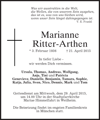 Traueranzeigen von Marianne Ritter-Arthen | trauer.merkur.de