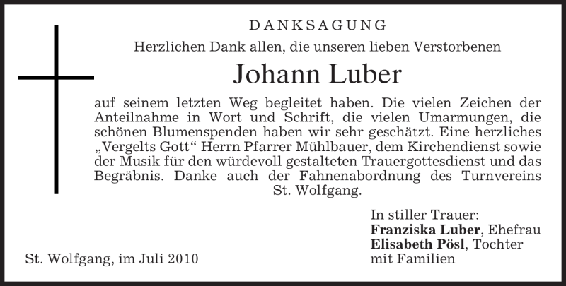 Traueranzeigen von Johann Luber | trauer.merkur.de
