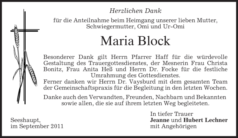 Traueranzeigen von Maria Block | trauer.merkur.de
