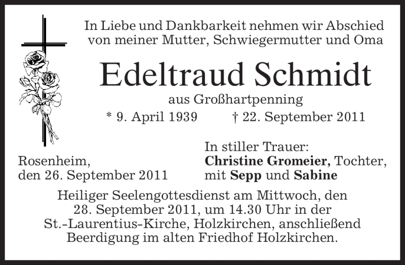 Traueranzeigen von Edeltraud Schmidt | trauer.merkur.de