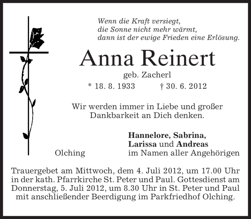 Traueranzeigen von Anna Reinert | trauer.merkur.de