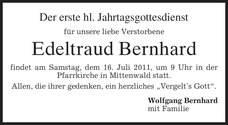 Traueranzeigen von Edeltraud Bernhard | trauer.merkur.de