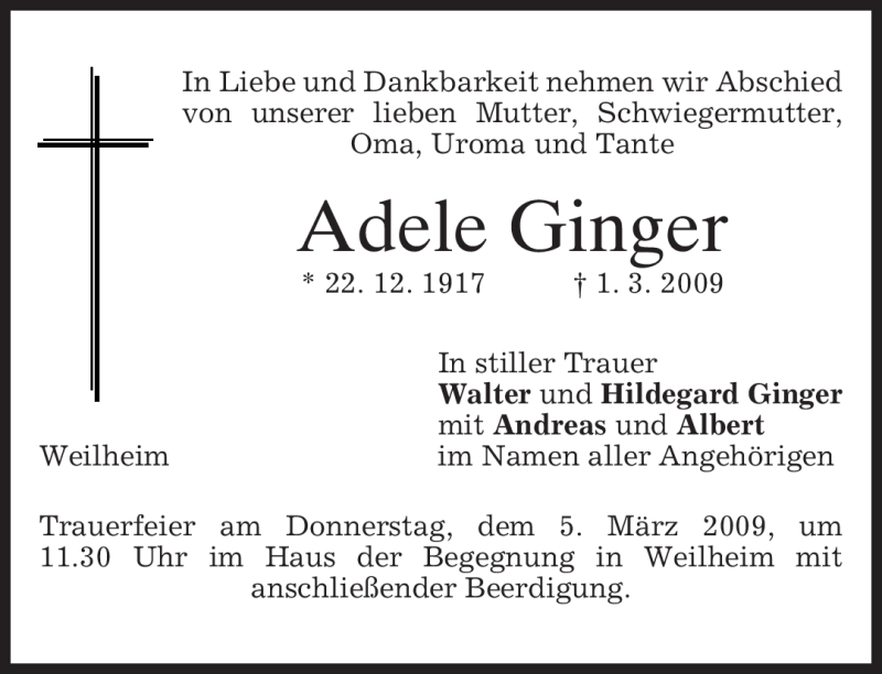 Traueranzeigen von Adele Ginger | trauer.merkur.de