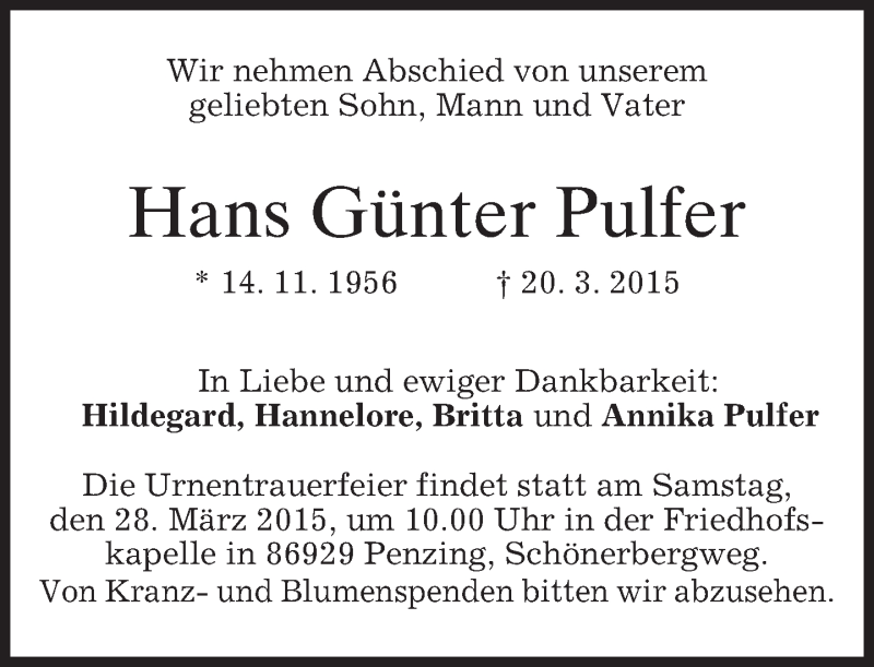 Traueranzeigen von Hans Günter Pulfer | trauer.merkur.de