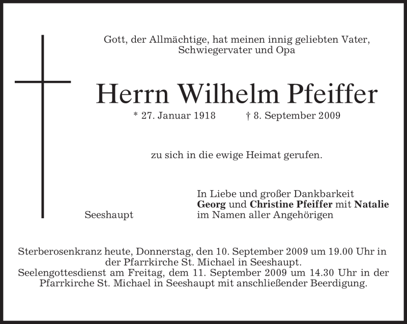 Traueranzeigen von Wilhelm Pfeiffer | trauer.merkur.de