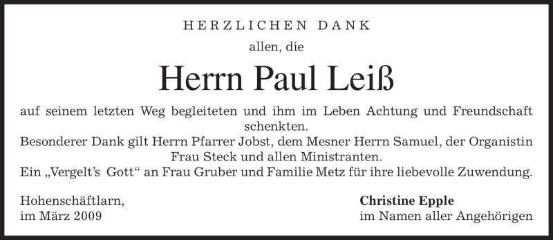 Traueranzeigen von Paul Leiß | trauer.merkur.de